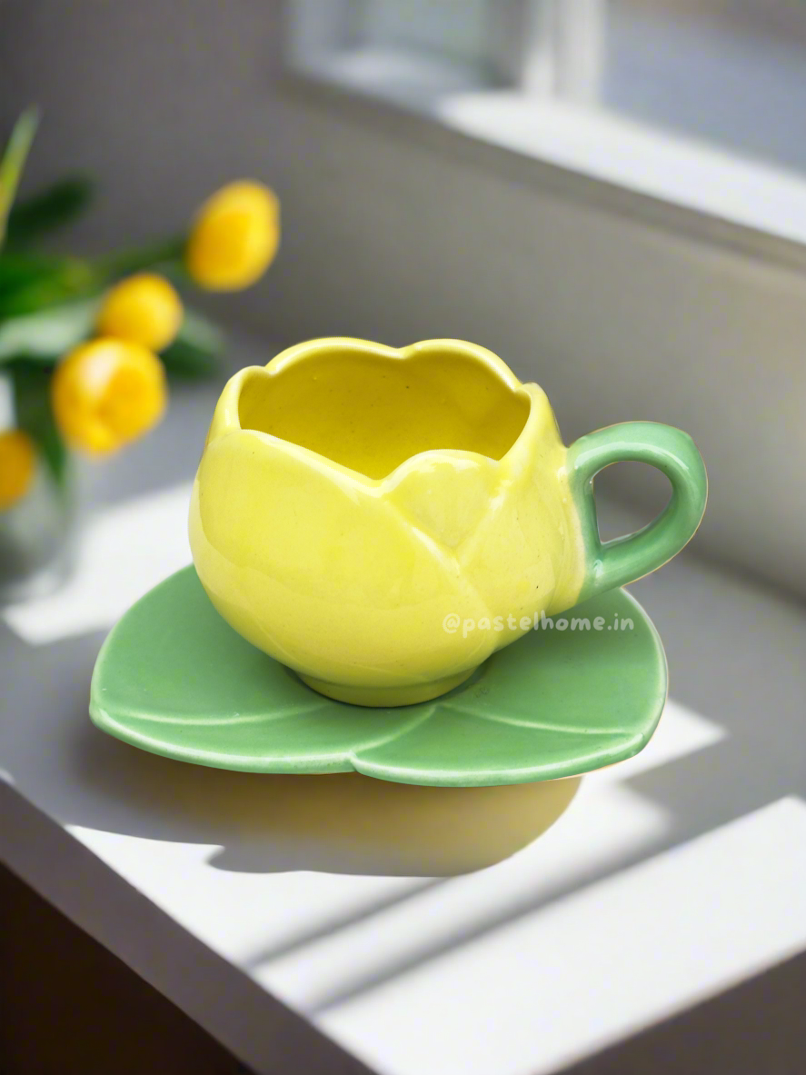 Yellow Tulip shape Mug and Saucer (Set) ️ – Pastel Home